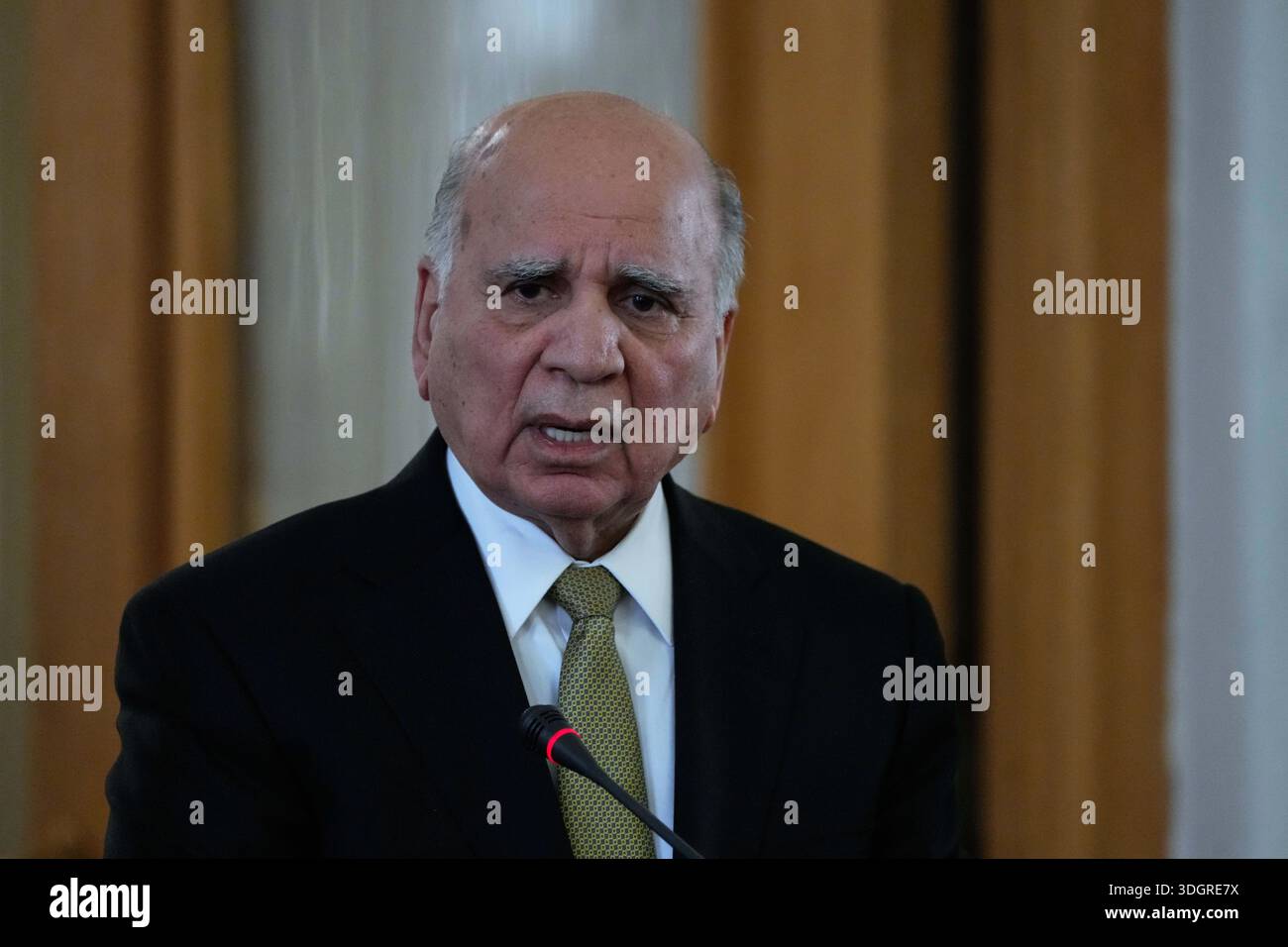 Iraqi Foreign Minister Fuad Hussein speaks in a joint press briefing ...