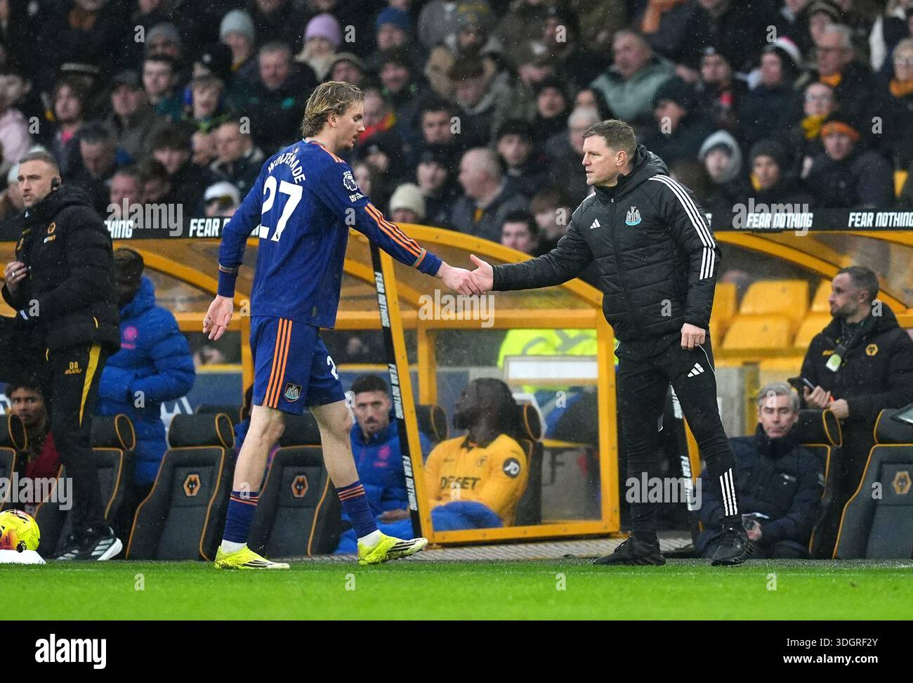 Newcastle United's Nick Woltemade greets manager Eddie Howe as he is ...