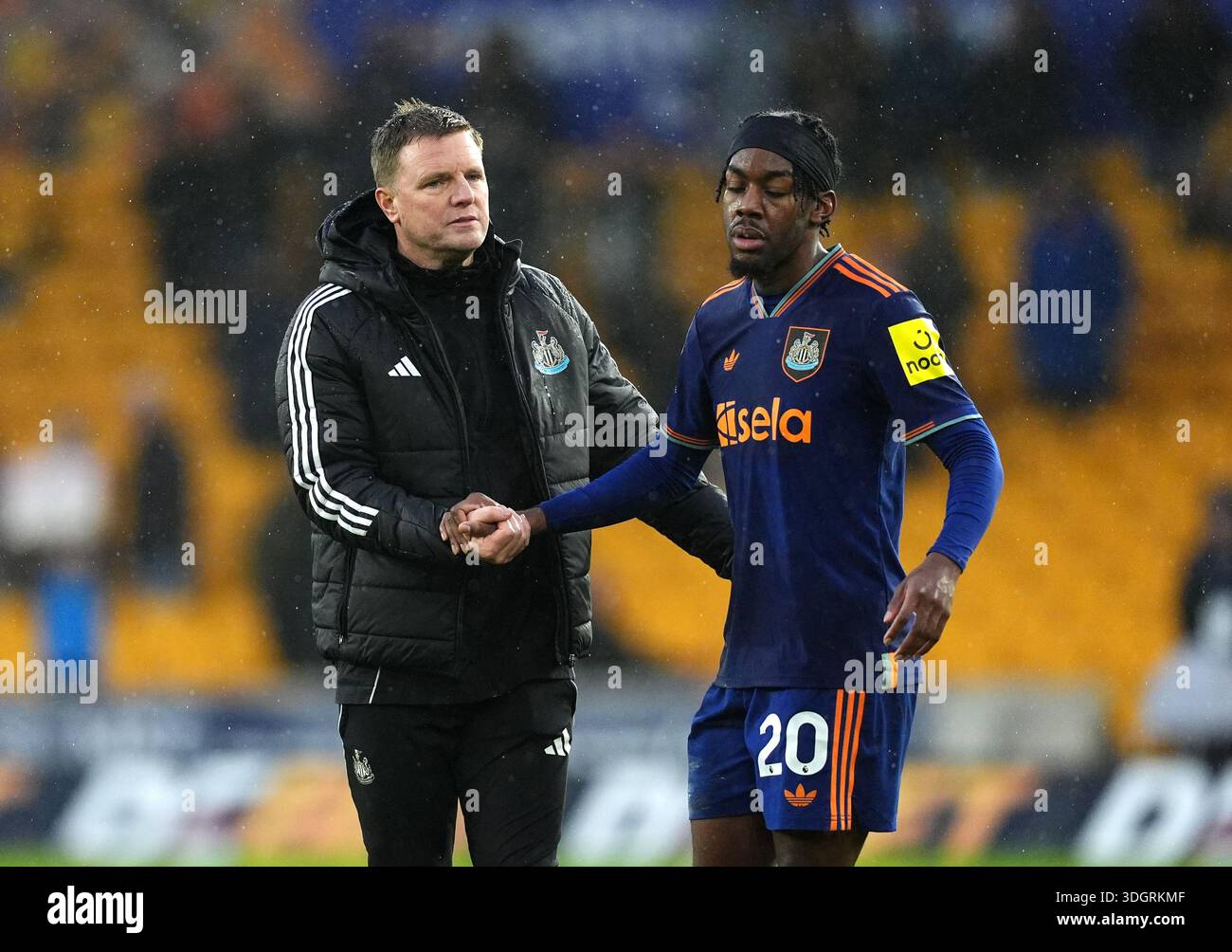 Newcastle United manager Eddie Howe greets Anthony Elanga following the ...