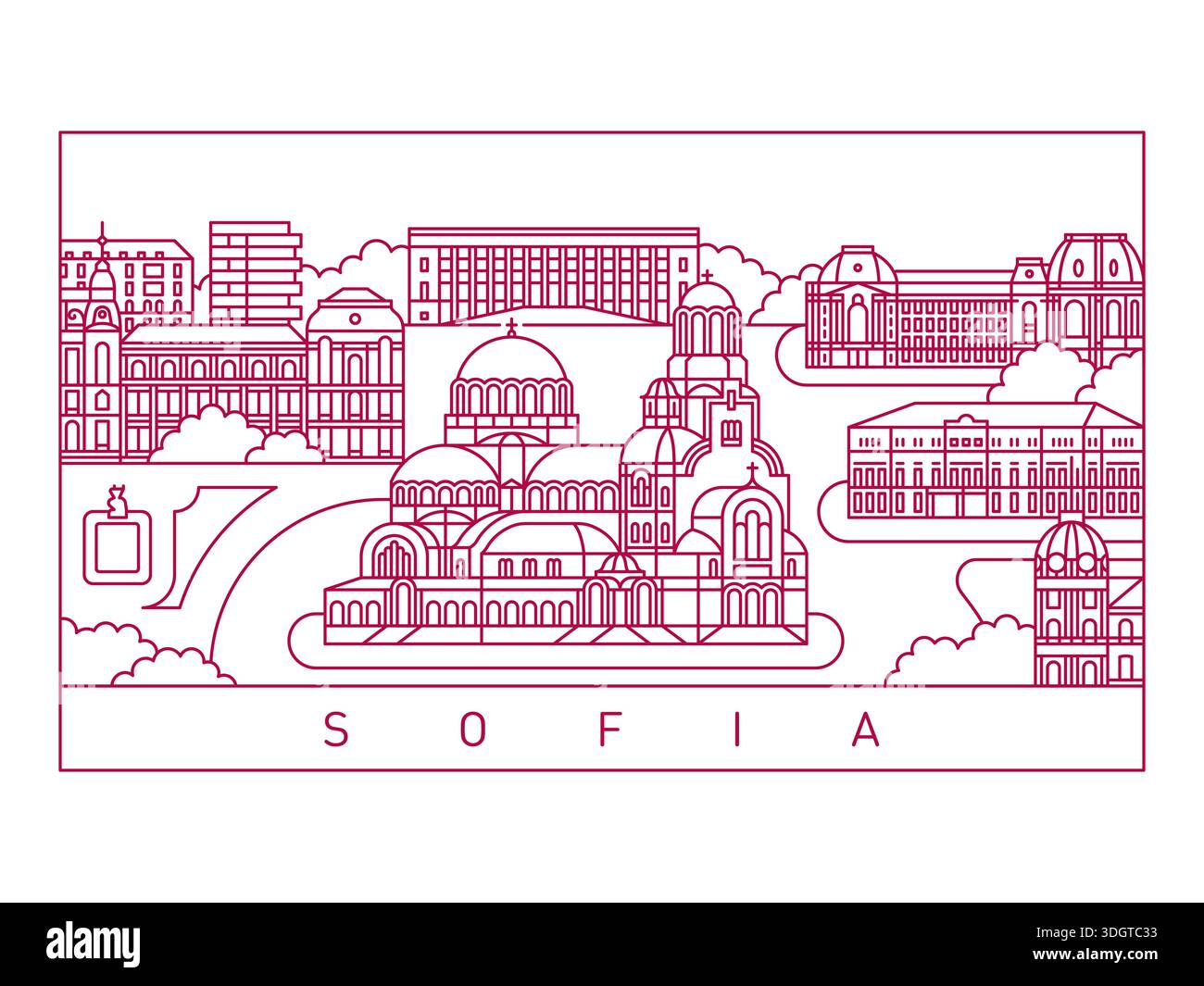 Minimalist line art depicting the urban landscape of Sofia, featuring ...