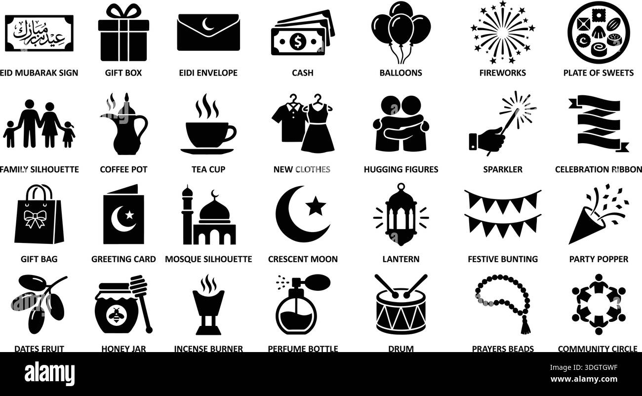 Detailed black vector icons representing various symbols and traditions ...