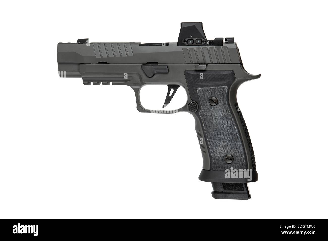Modern semi-auto pistol with red dot sight and grey grip Stock Photo ...