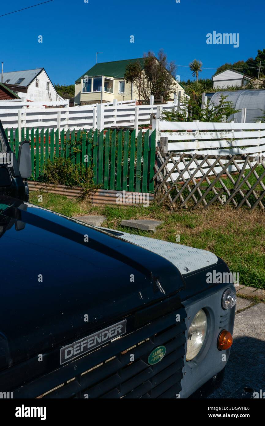 Land Rover Defender parked on the streets of Stanley, Falkland Islands ...