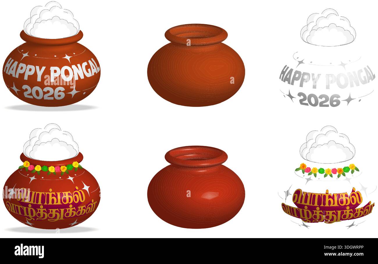 Happy Pongal 2026 Clay Pot Vector Set with Tamil and English Text ...