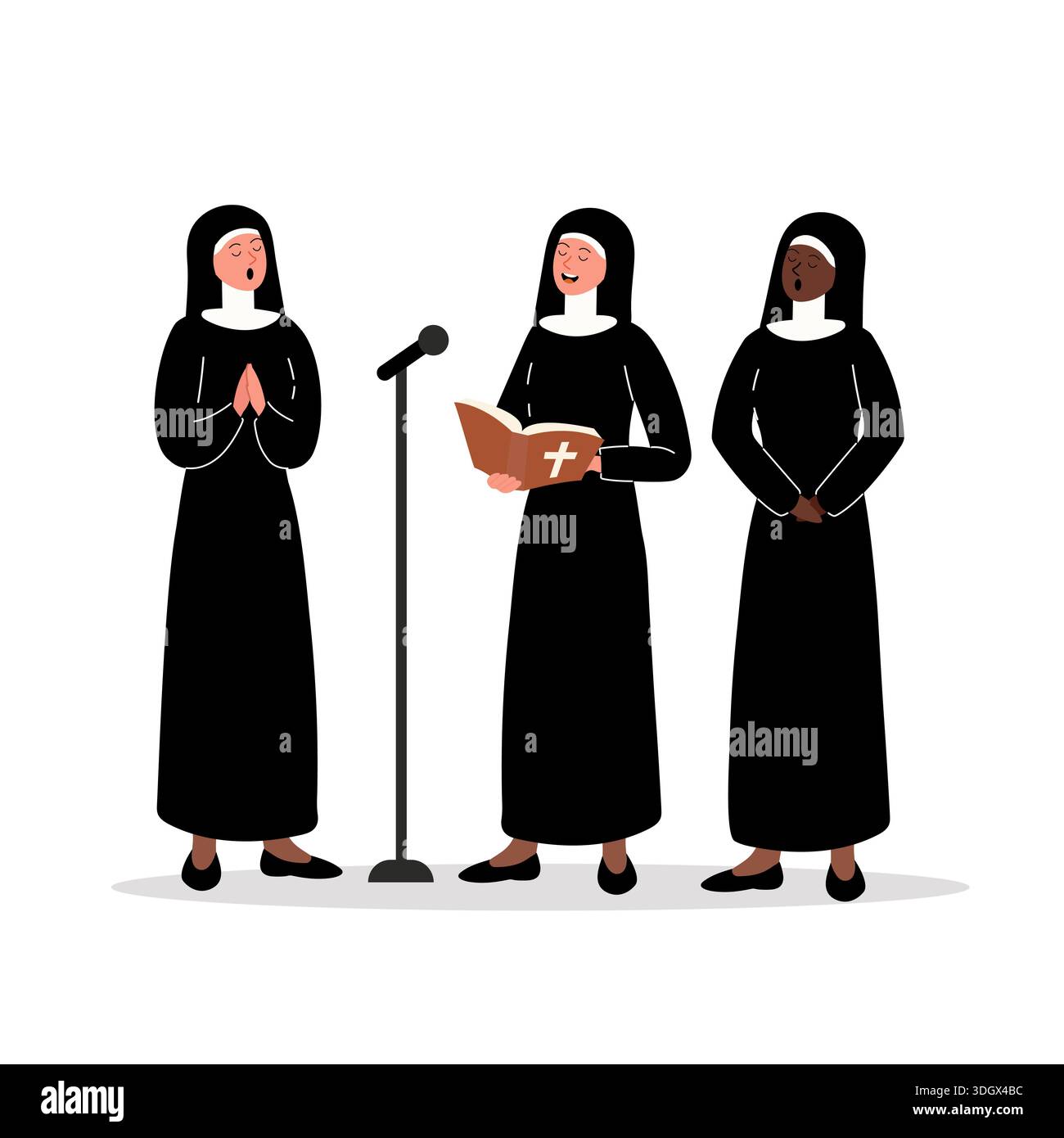 Monastic Different races choir. Three women in monastic habit sing from ...
