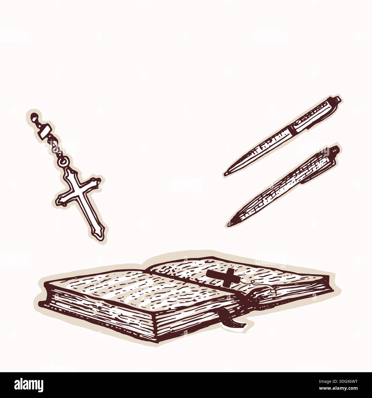 Hand drawn open bible book with journaling pens and christian cross ...