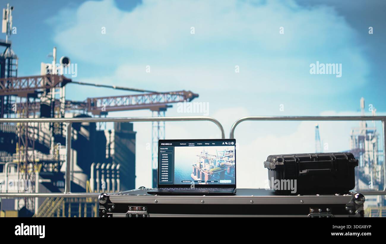Laptop on drilling barge displaying predictive maintenance dashboard ...