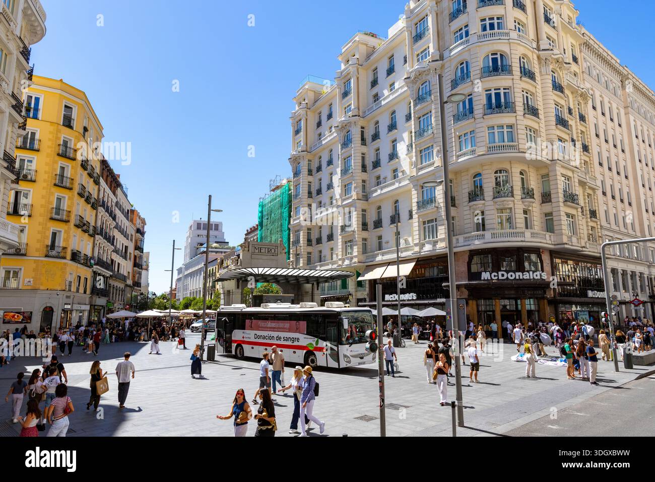 Madrid city centre scene, Gran via street scene with McDonalds ...