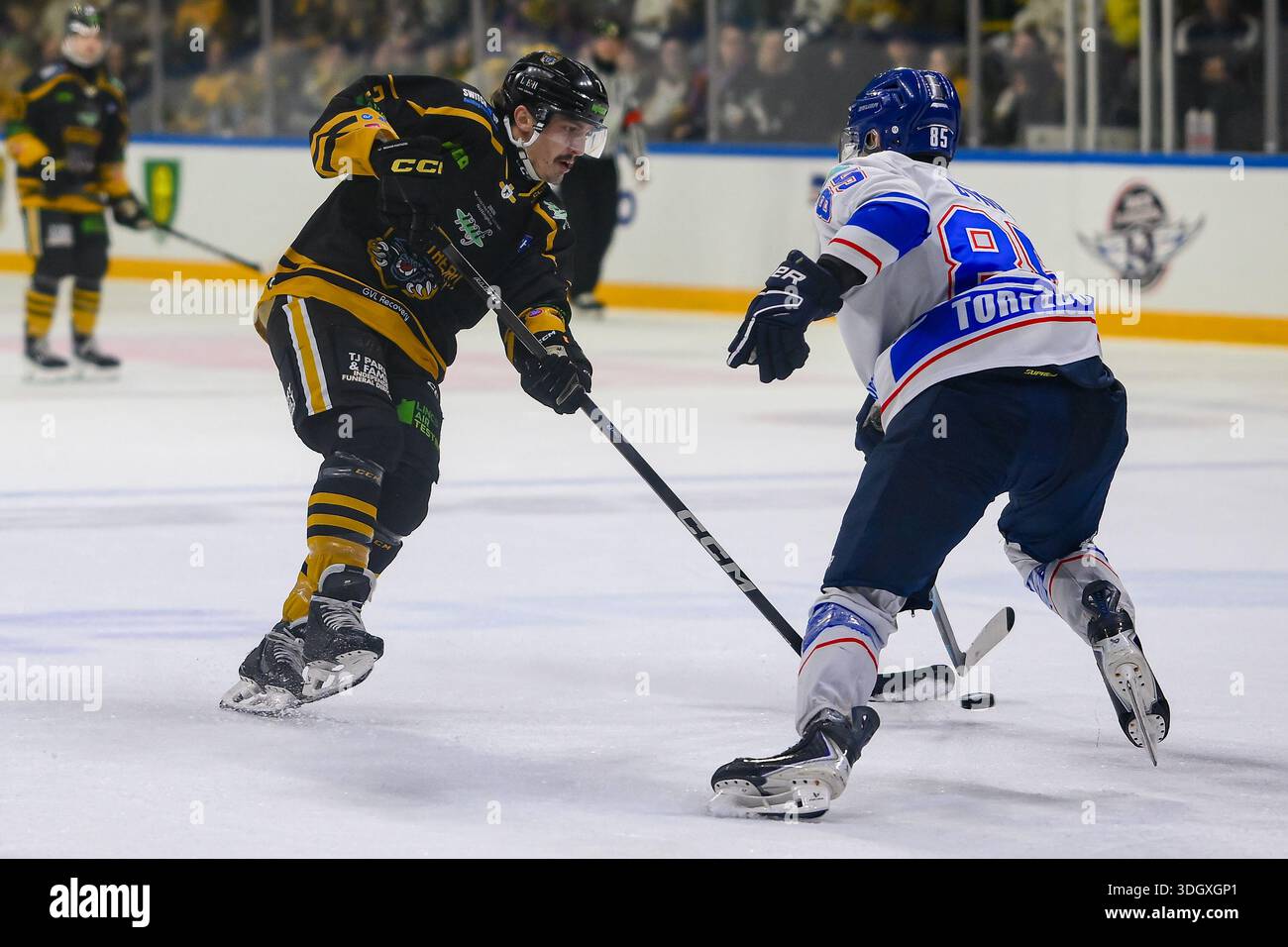 Cooper Zech of Nottingham Panthers looks to go past Dmitri Bykov of HC ...