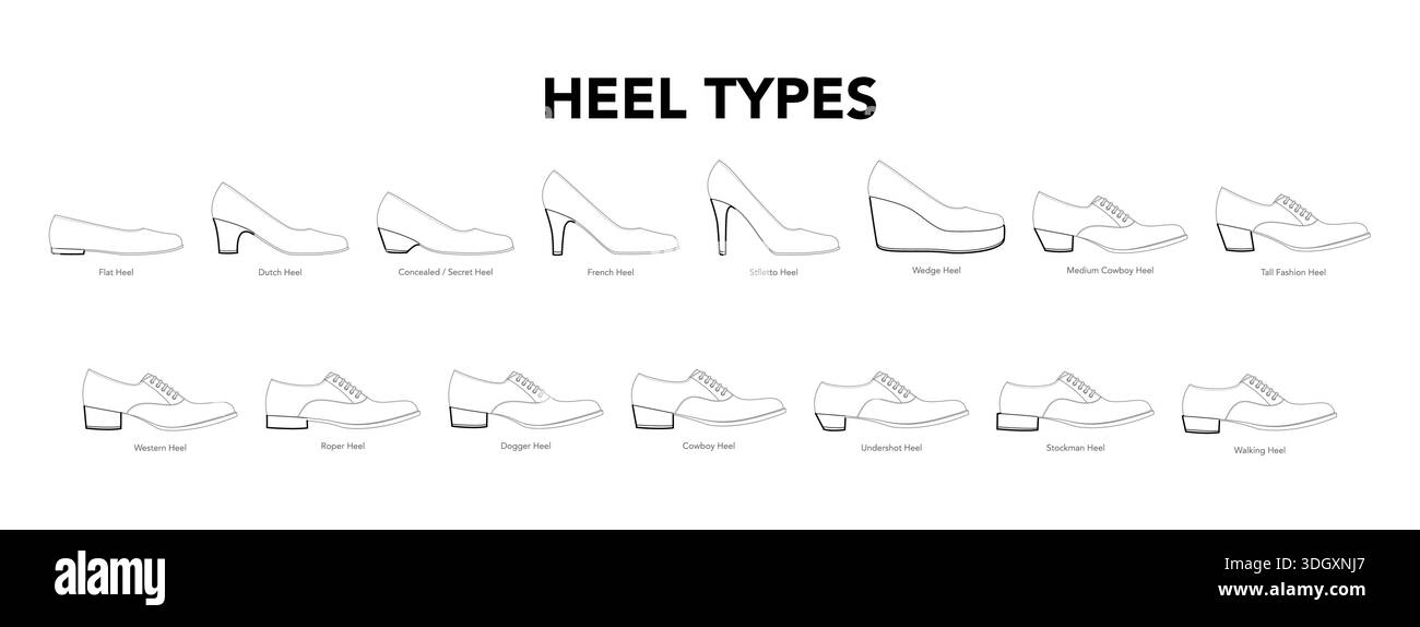 Heel types diagram flat line set. Roper, dogger, cowboy stiletto heel ...