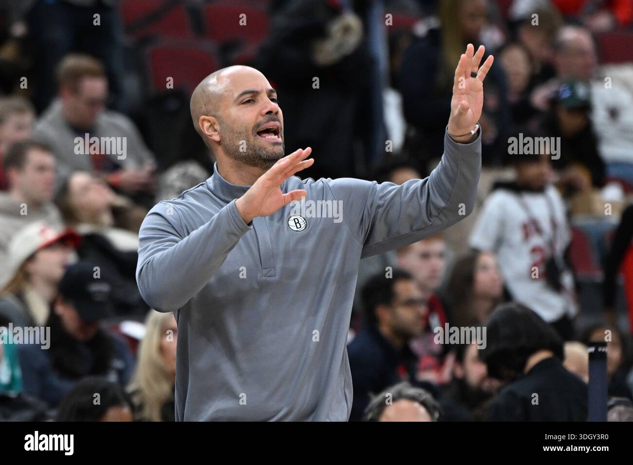Brooklyn Nets head coach Jordi Fernandez yells to his players during ...