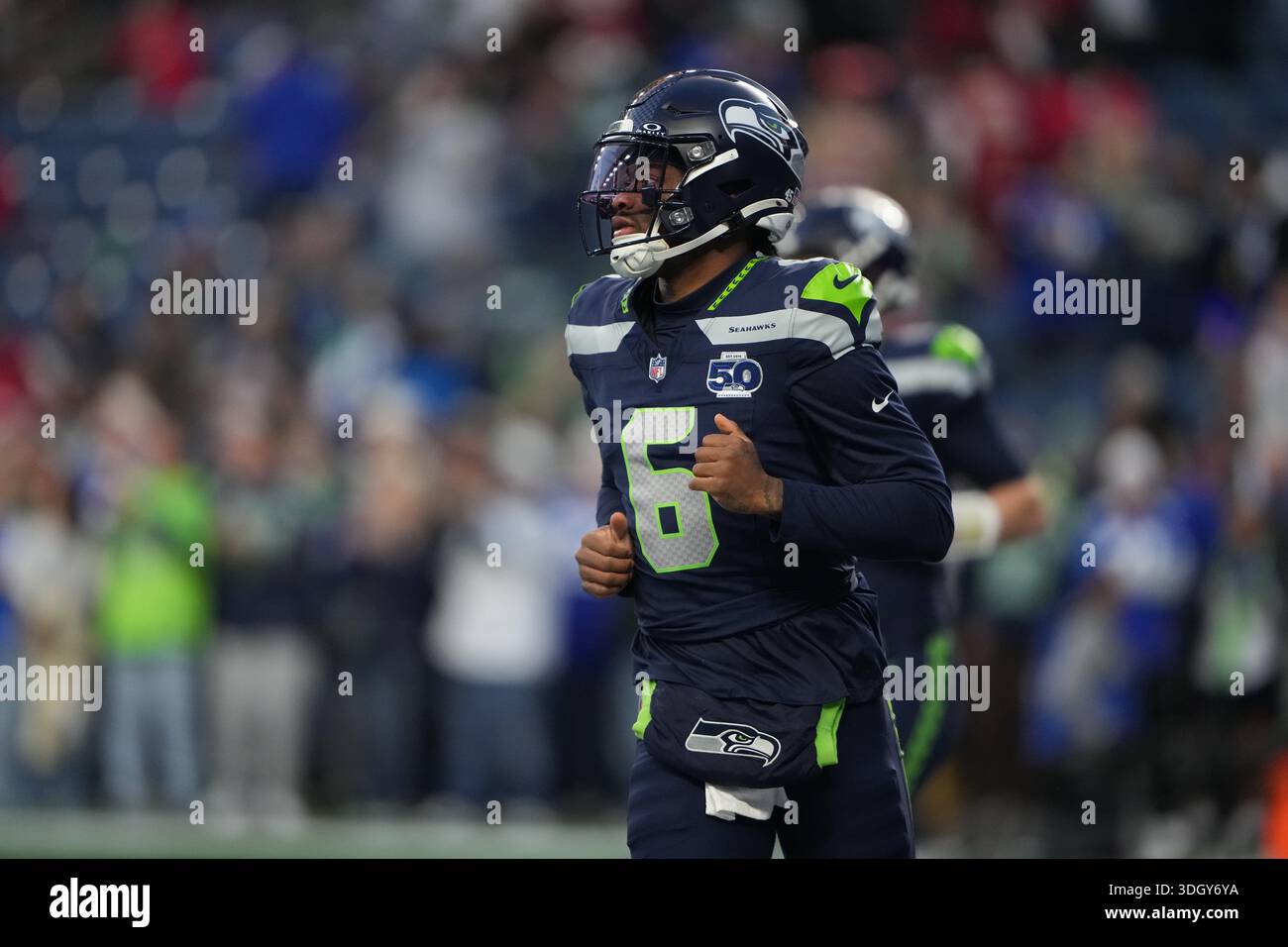 Seattle Seahawks quarterback Jalen Milroe (6) warms up before an NFL ...