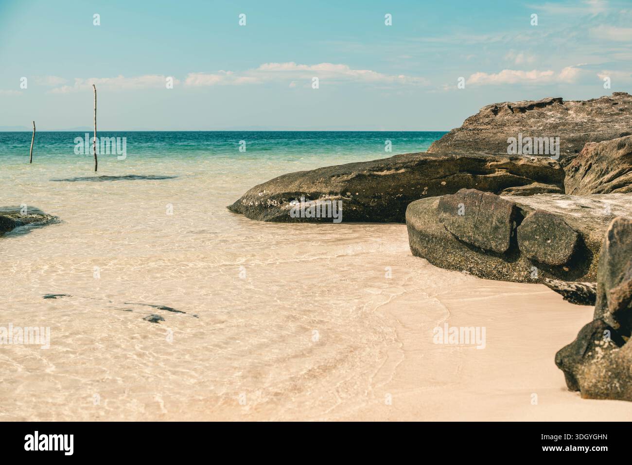 Tranquil Tropical Beach Scene with Rocks and Clear Water Stock Photo ...