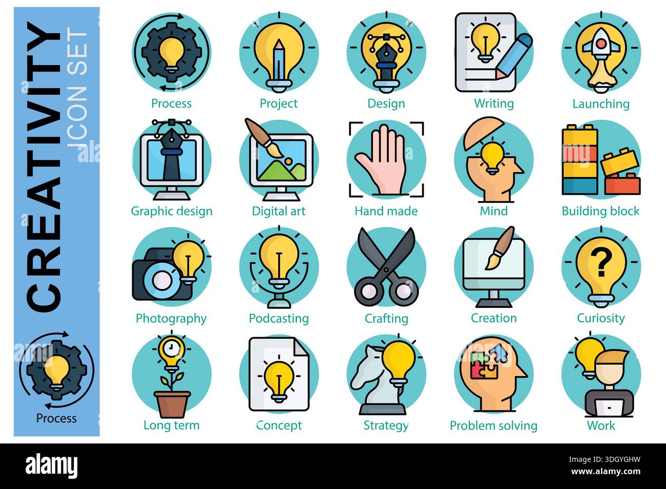 Creativity icon set. Colored outline icon style. Containing icon ...
