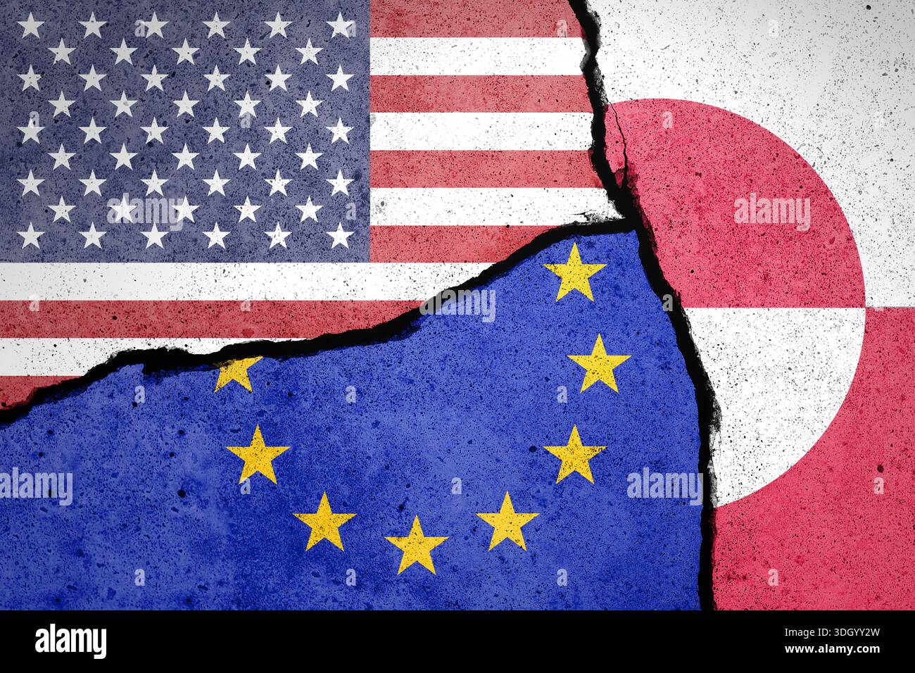 Flags of US, EU and Greenland painted on cracked wall Stock Photo - Alamy