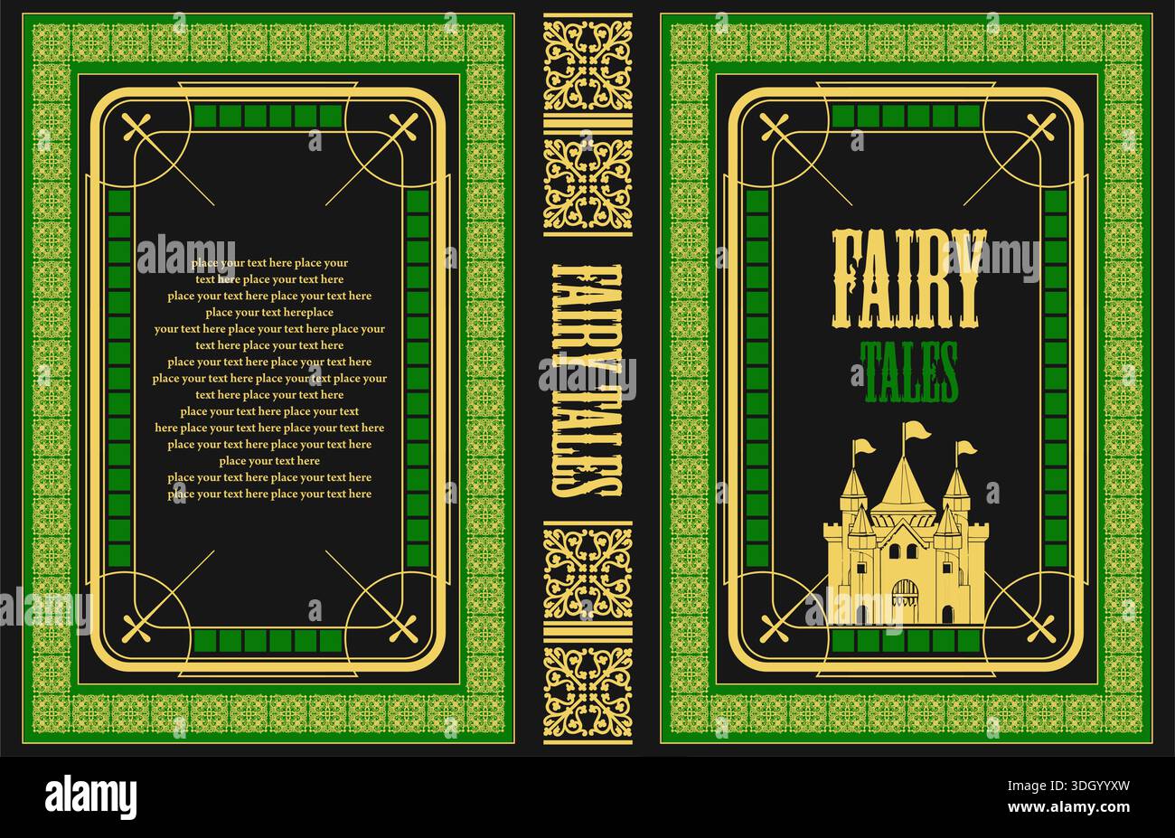 Book cover design for fairy tales featuring an ornate gold and green ...