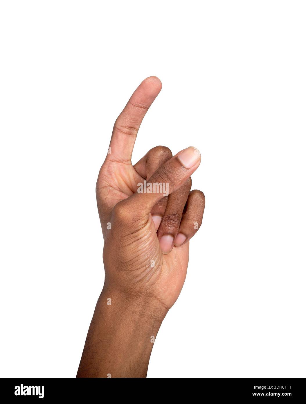 Finger pointing forward in clicking gesture, man touching virtual ...