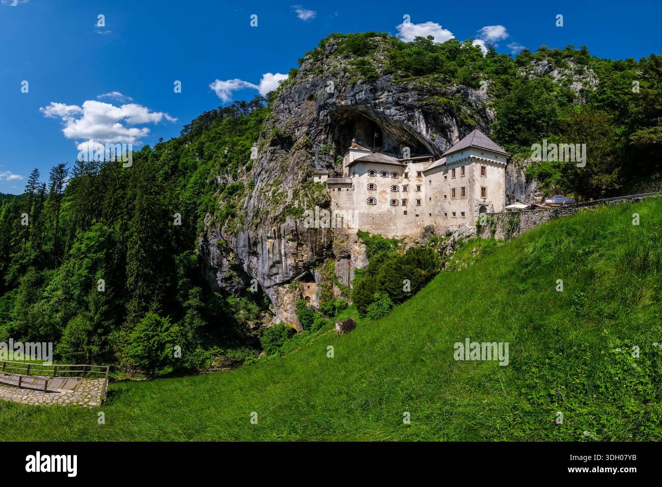 Wide view of Predjama Castle built into a cliffside cave surrounded by ...