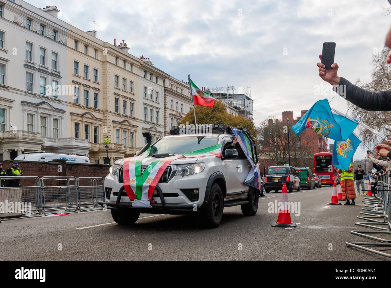 Iranian Embassy, London, UK. 18th January 2026. A convoy of motorbikes ...