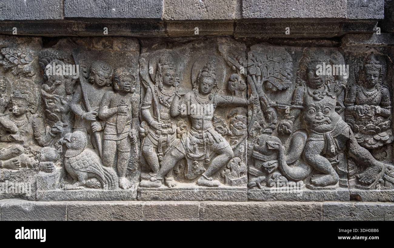 Closeup view of Ramayana ancient stone carving bas-relief of Rama ...