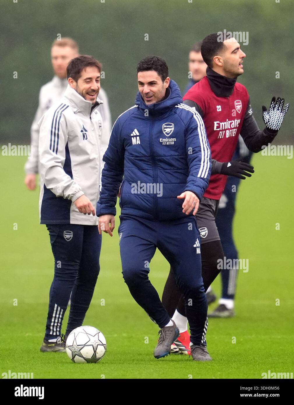 Arsenal manager Mikel Arteta (centre) during a training session at the ...