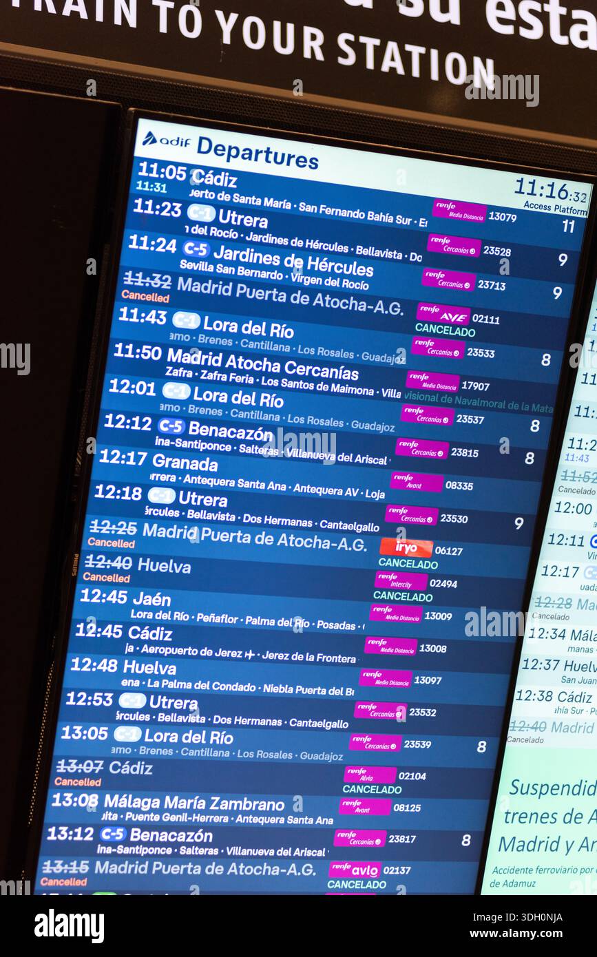 Seville, Spain. 19th Jan 2026. Departure board at Seville Santa Justa ...