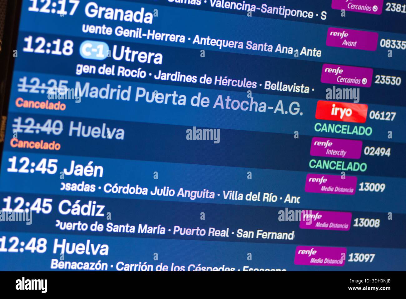 Seville, Spain. 19th Jan 2026. A close-up of the departure board at ...