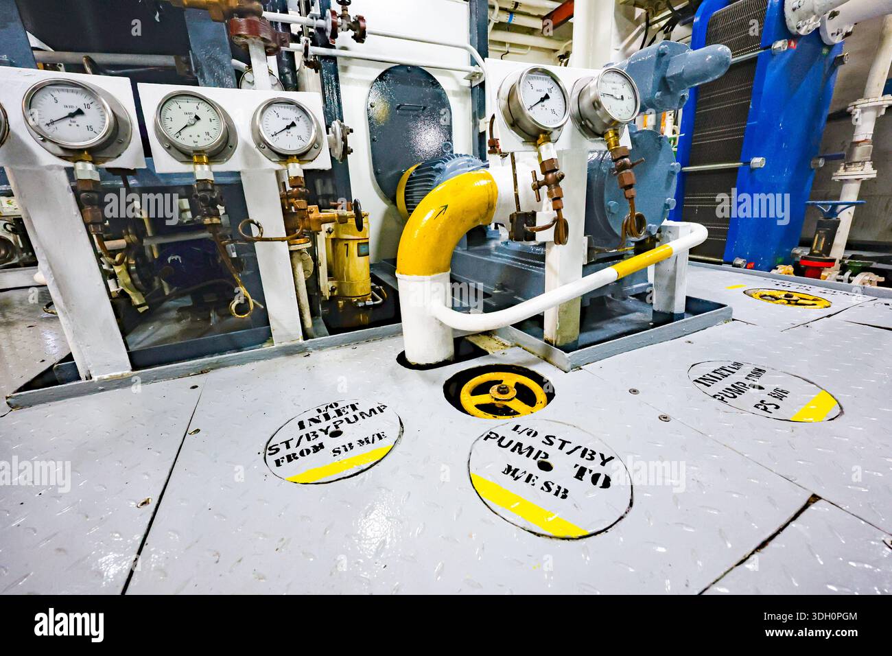 Standby marine pump system with pressure gauges, valves and pipelines ...