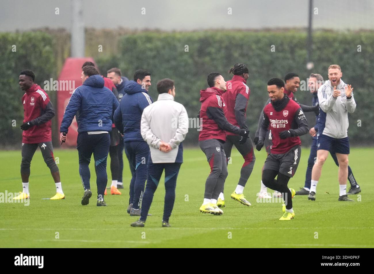 Arsenal's Ethan Nwaneri (third right) and team-mates during a training ...