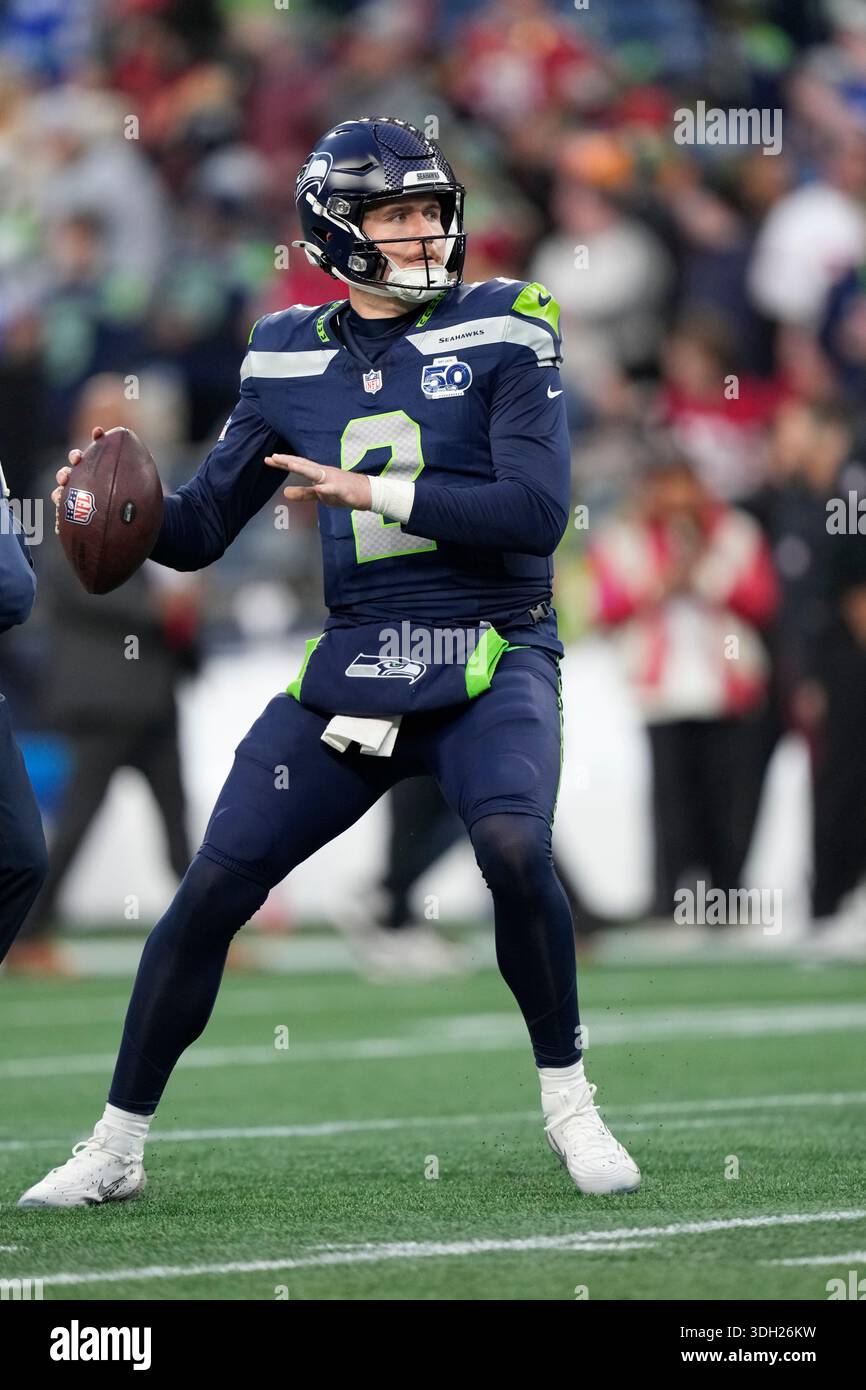 Seattle Seahawks quarterback Drew Lock (2) looks to pass the ball in an ...