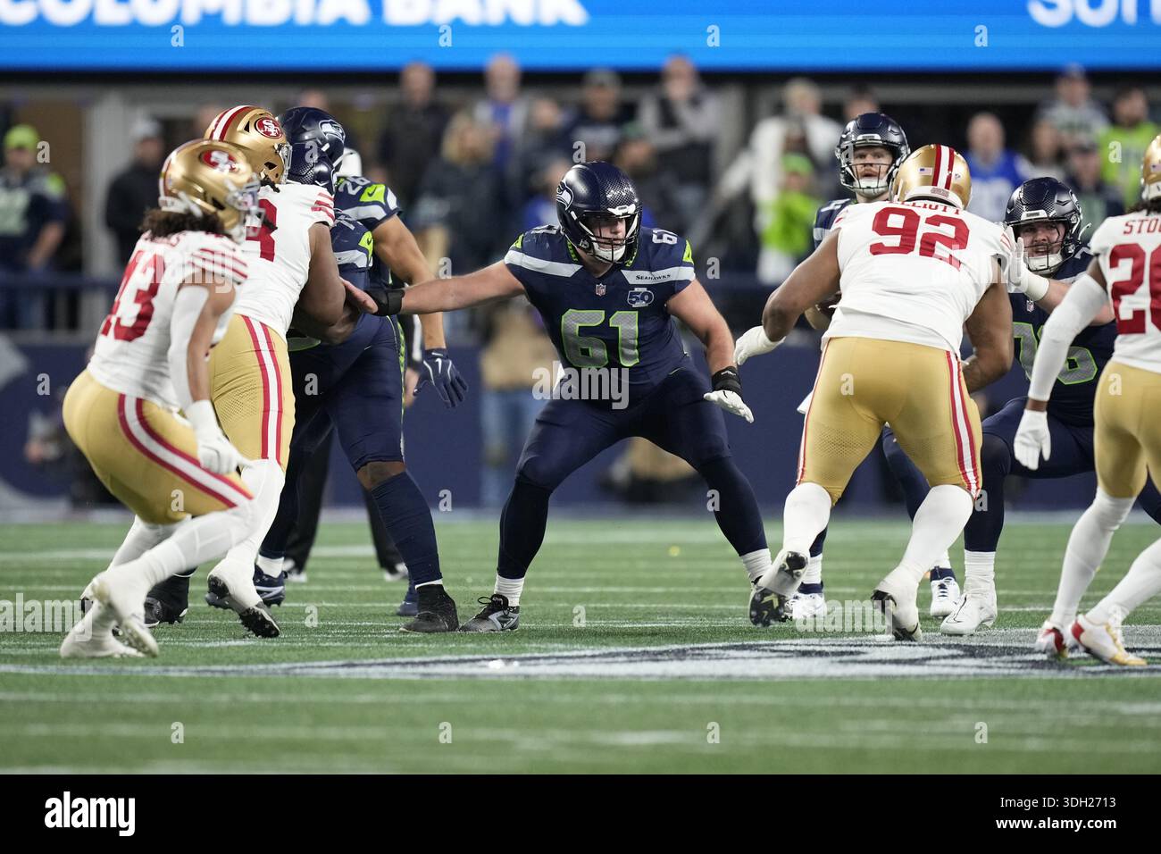 Seattle Seahawks center Jalen Sundell (61) gets set in an NFL ...
