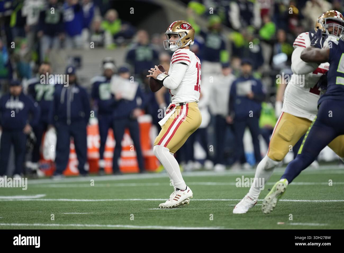 San Francisco 49ers quarterback Brock Purdy (13) looks to pass the ball ...