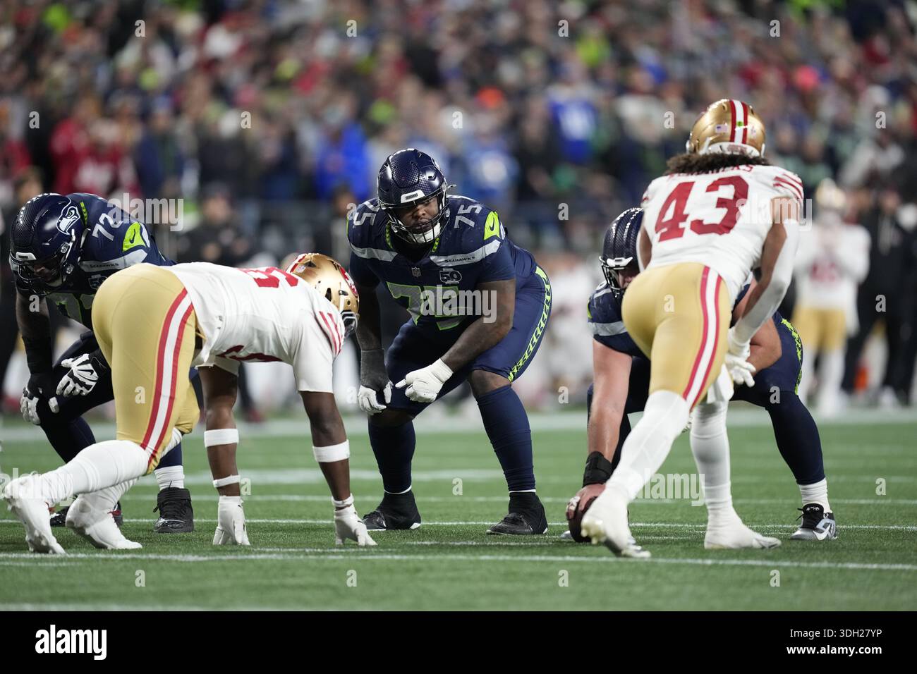 Seattle Seahawks guard Anthony Bradford (75) gets set in an NFL ...