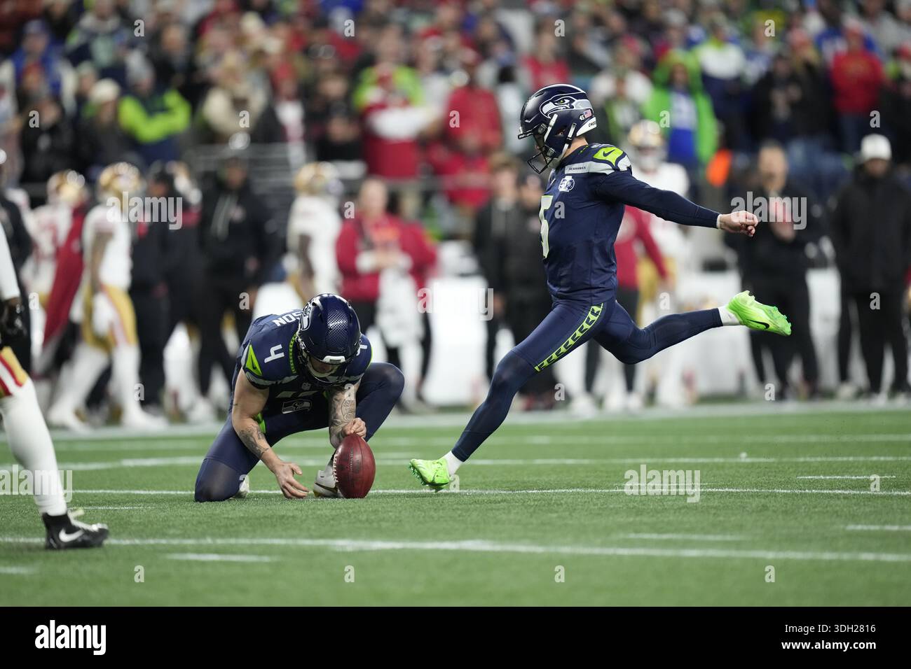 Seattle Seahawks place-kicker Jason Myers (5) kicks the ball in an NFL ...