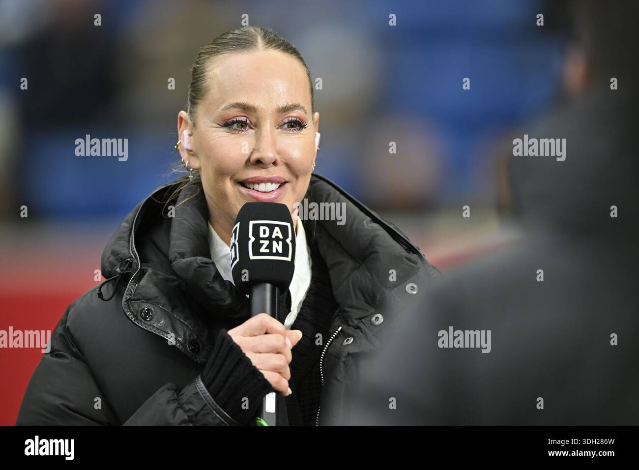DAZN reporter presenter Sylvia Walker interviewed microphone micro logo ...