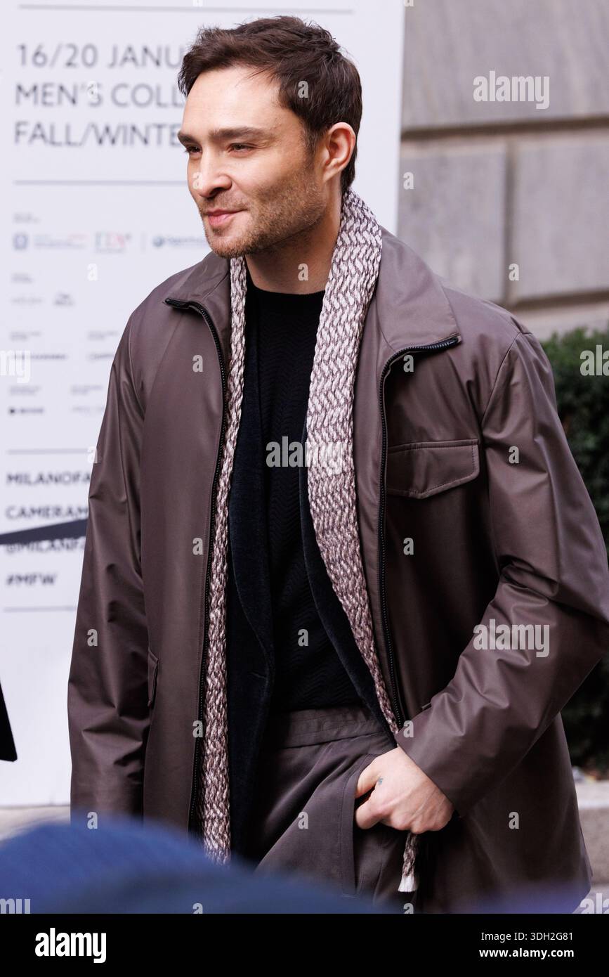 Ed Westwick arrives at the Giorgio Armani fashion show during the Milan ...