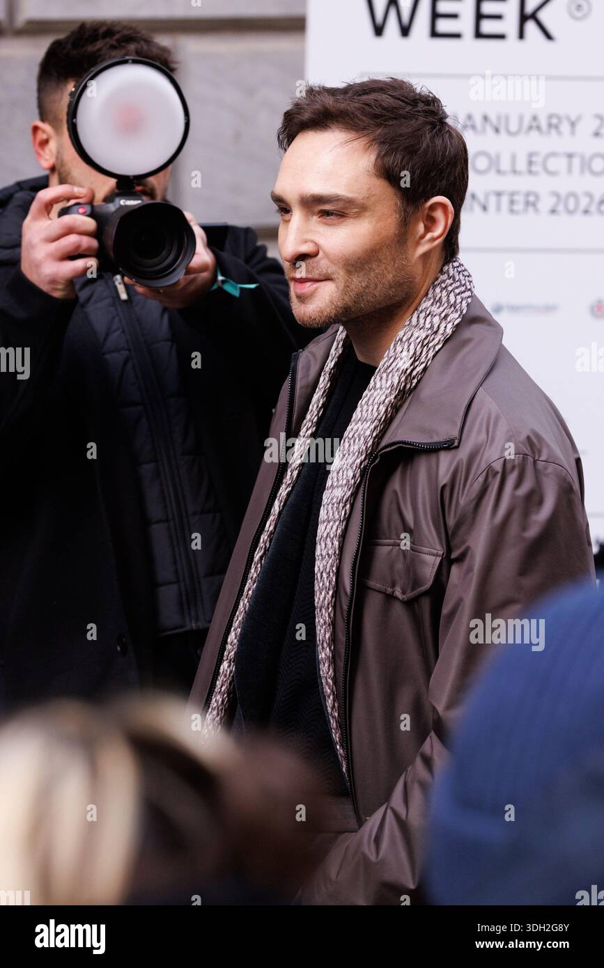 Ed Westwick arrives at the Giorgio Armani fashion show during the Milan ...