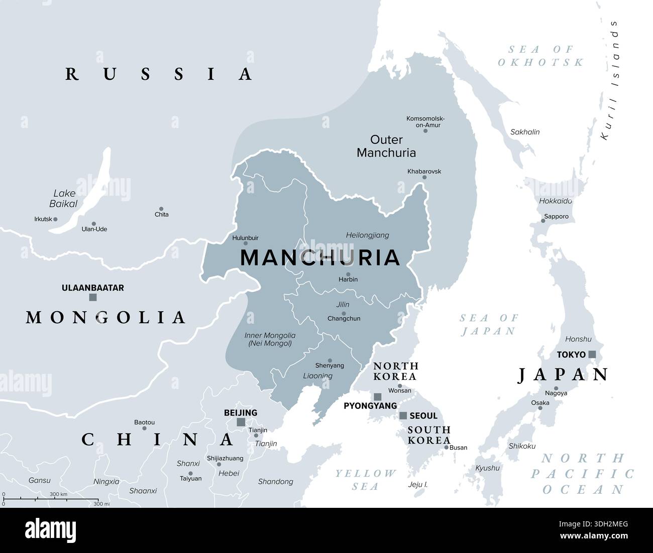 Manchuria, a historical region in Northeast Asia, gray political map ...