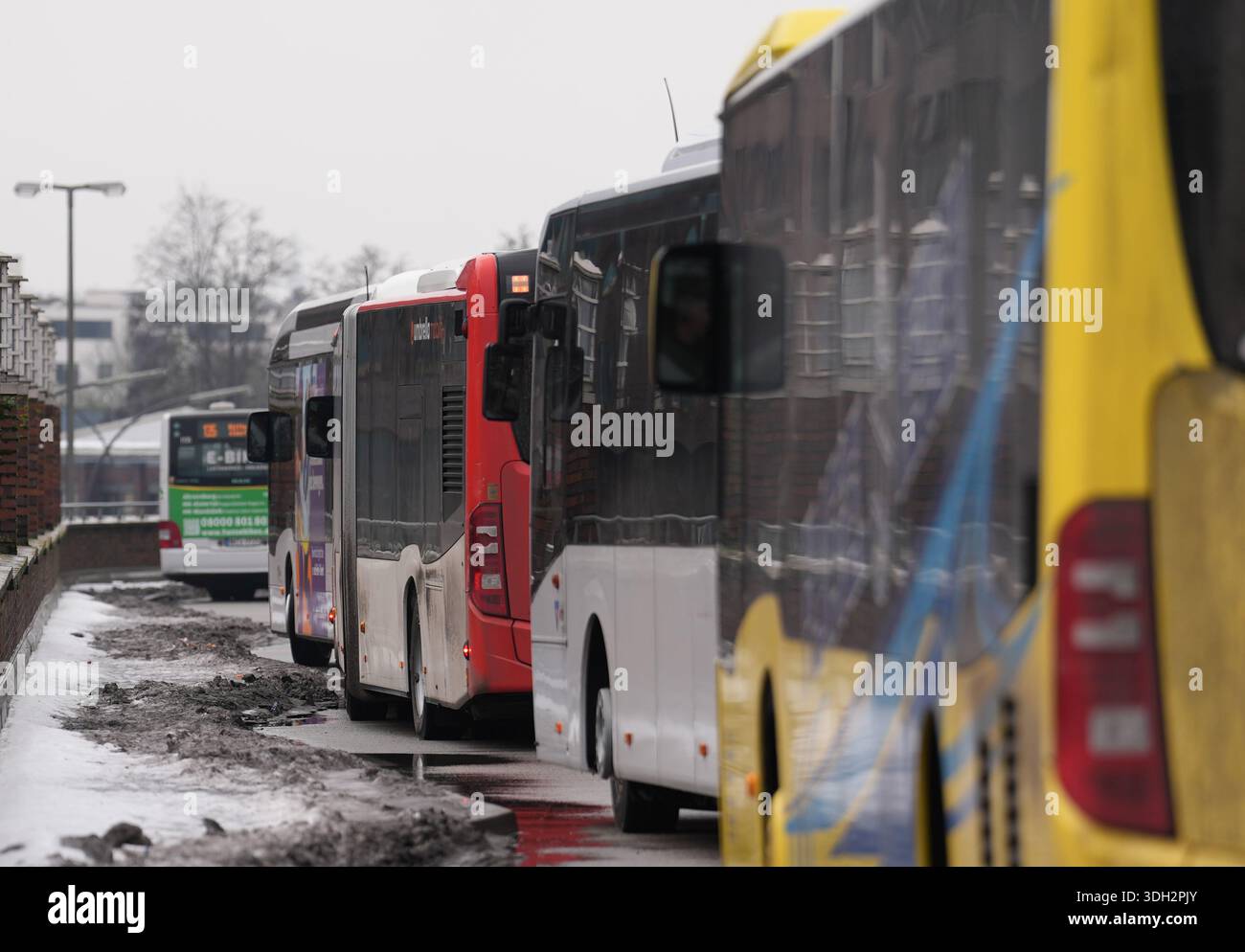 14 January 2026, Hamburg: Buses are parked at the bus station at ...