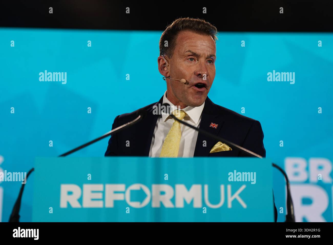 Reform Party chairman Dr David Bull speaks during a Reform UK rally at ...