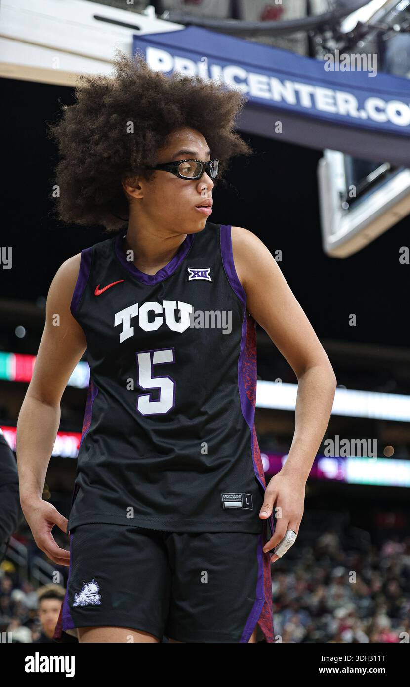 Newark, USA. 19th Jan, 2026. TCU Horned Frogs guard Olivia Miles (5) in ...
