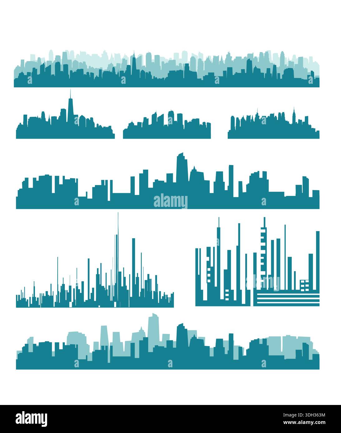 Many tall skyscraper buildings a set of city panoramas. Hand drawn Not ...