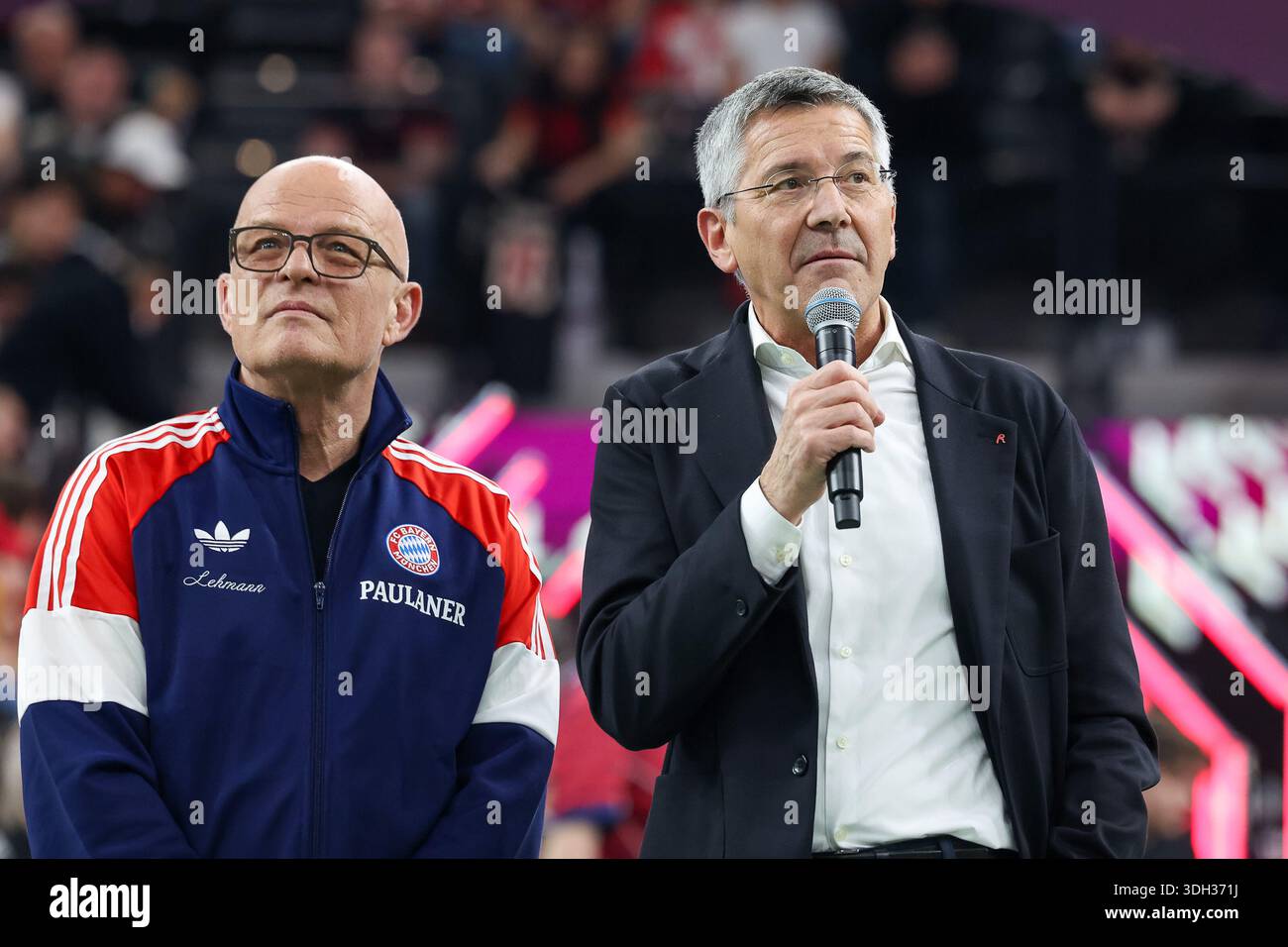 Herbert Hainer (FC FC Bayern Munich, President) with stadium announcer ...