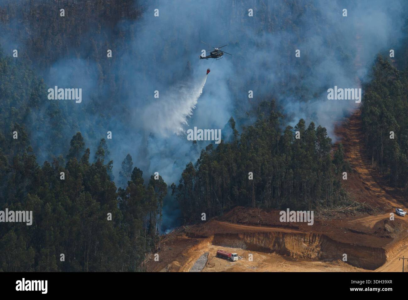 A helicopter drops water to battle wildfires near Concepcion, Chile ...