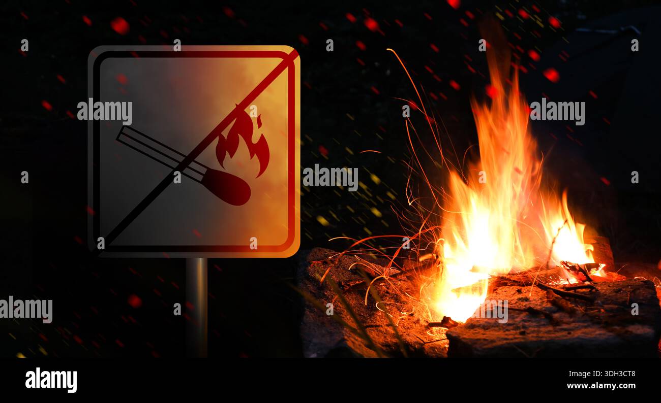 Prohibition sign No Fire near burning campfire outdoors. Ignorance can ...