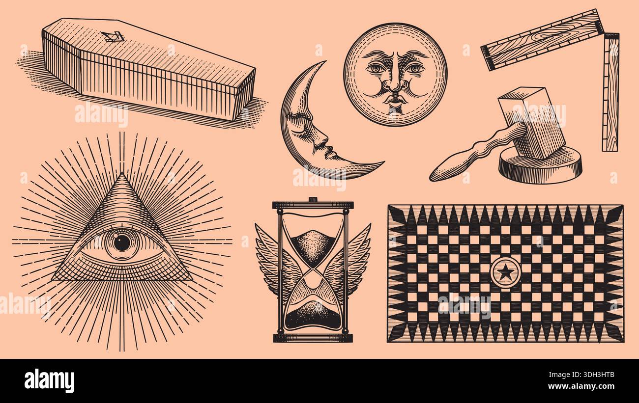 Freemason and Mason symbols. Illuminati and brotherhood elements. Eye ...