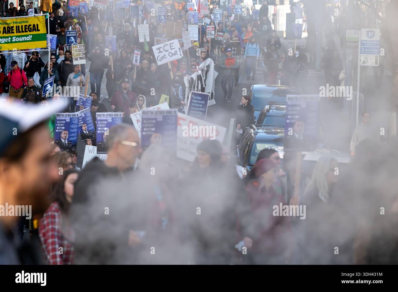 Seattle, USA. 19th Jan, 2026. Thousands gather and march on Martin ...