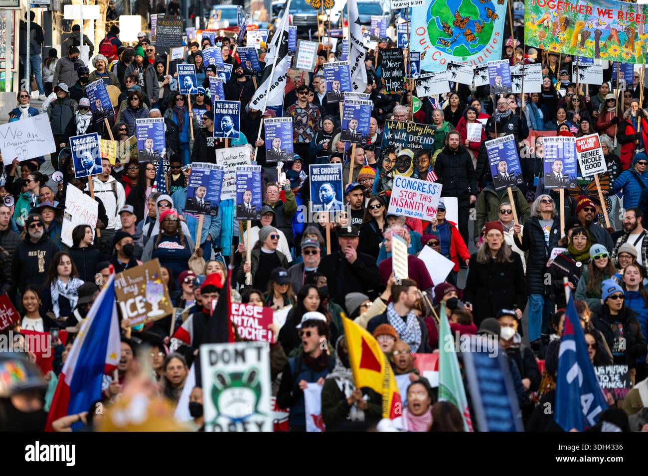 Seattle, USA. 19th Jan, 2026. Thousands gather and march on Martin ...