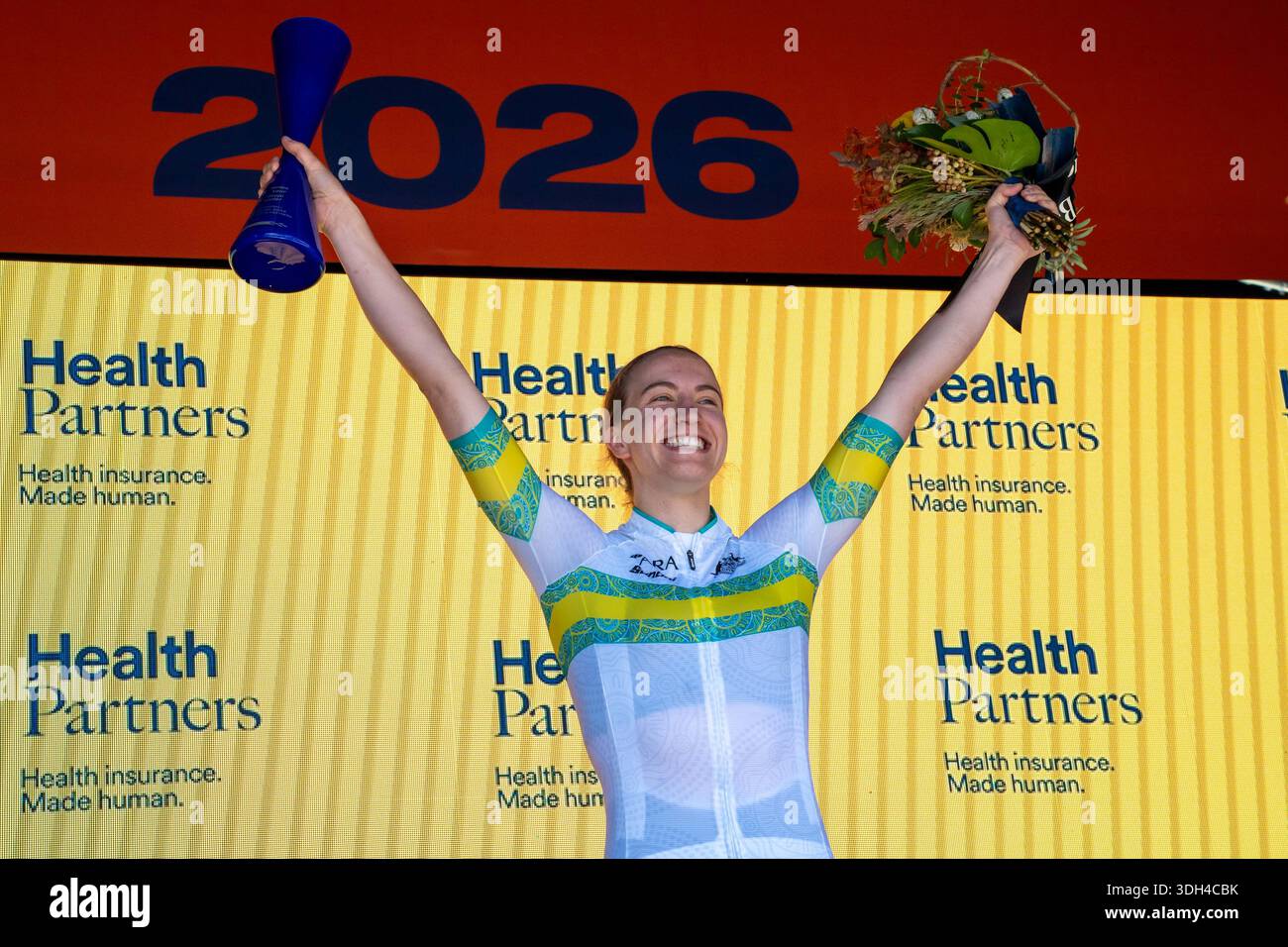 Sophie Edwards (132 Australian Cycling Team) lifts the best placed ...