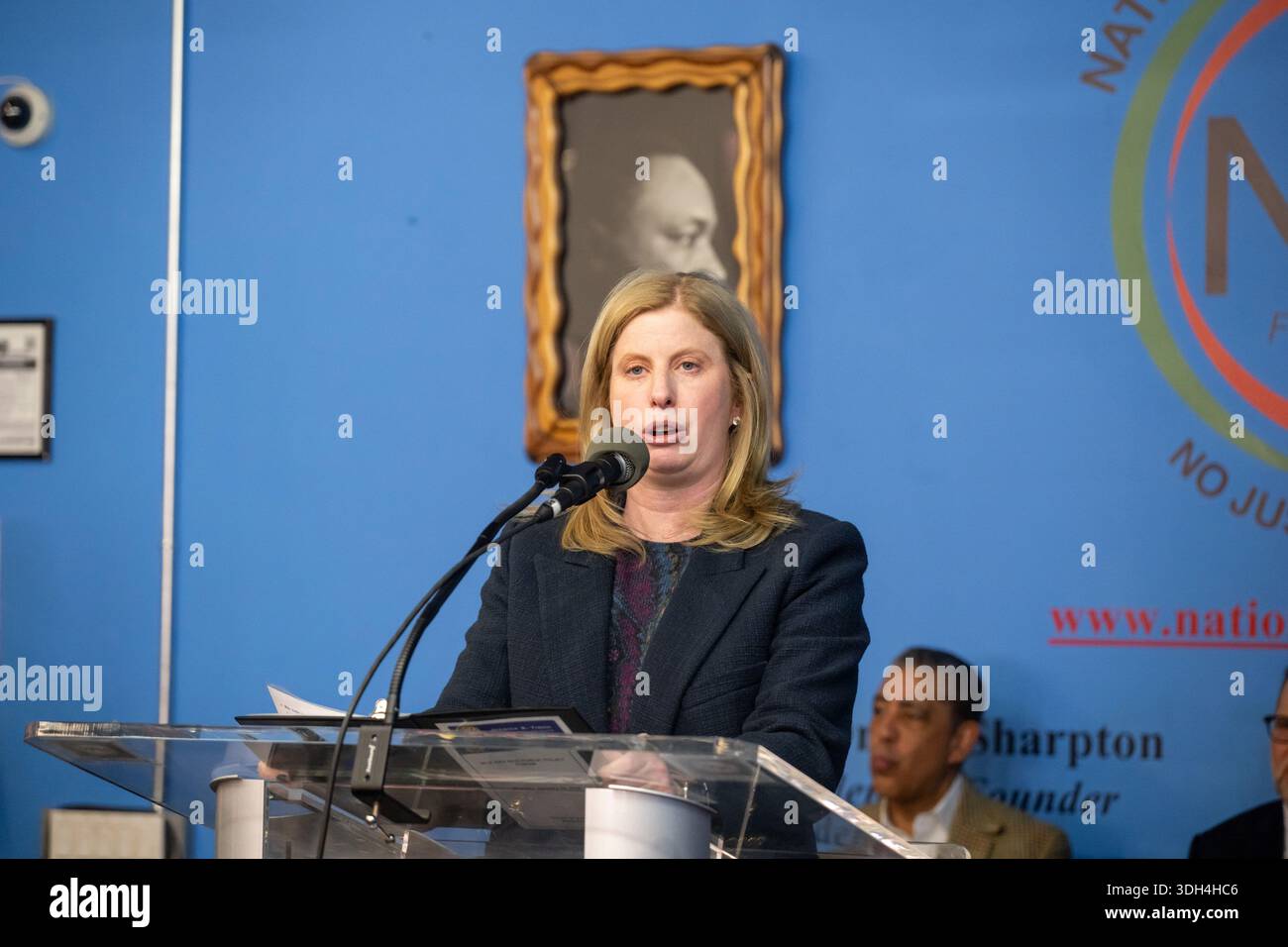 New York City Police Commissioner Jessica Tisch speaks during a Martin ...
